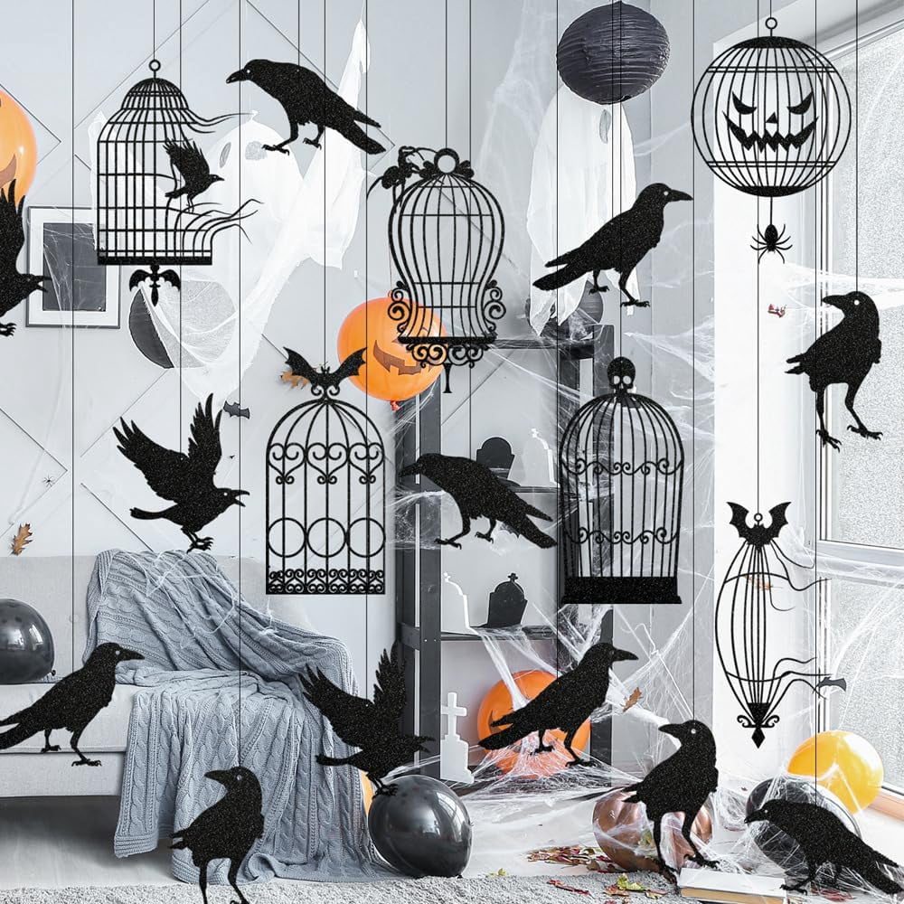 Halloween Hanging Raven Cage Decoration, 24 Pieces 3D Realistic Scary ...