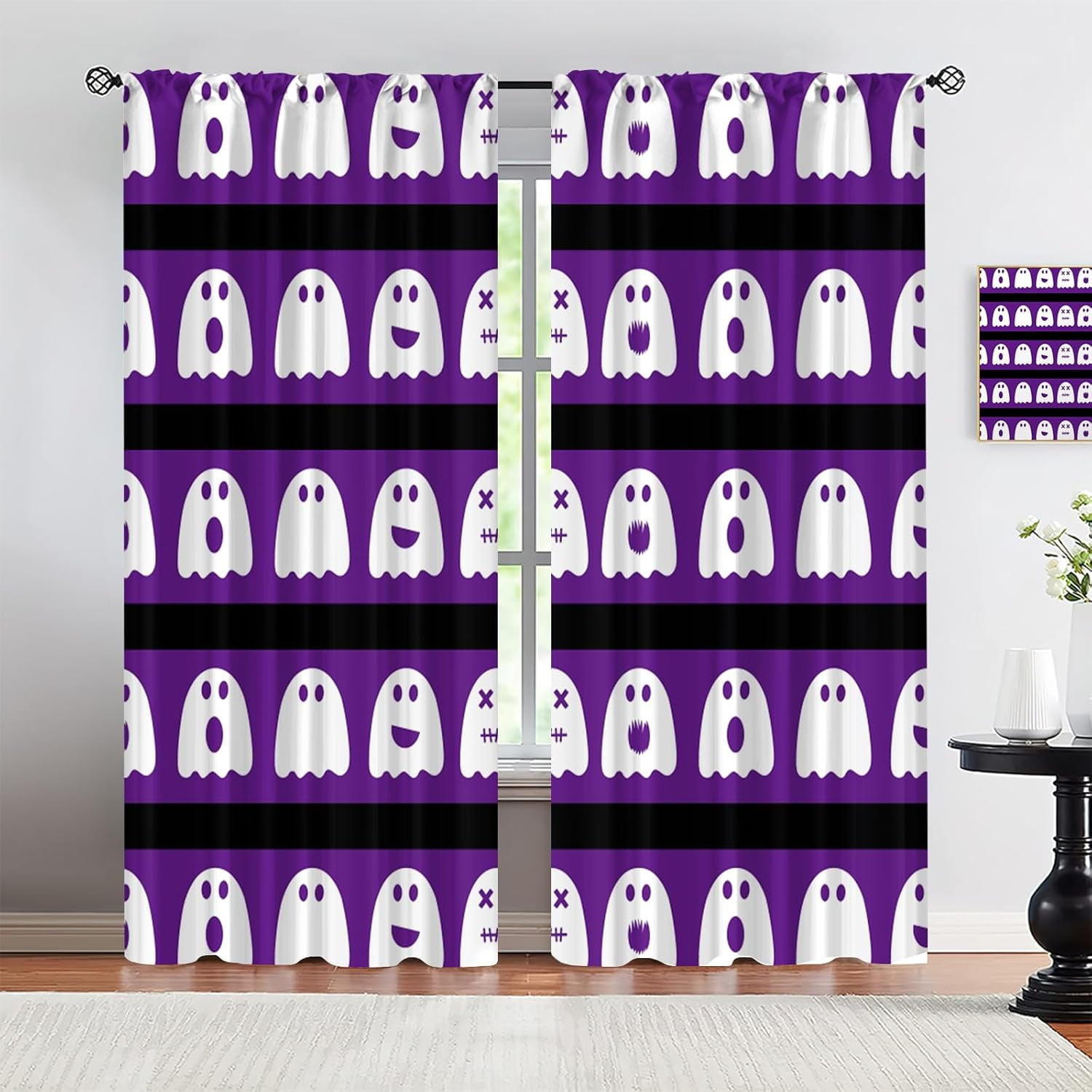 Halloween Happy Purple Rod Pocket Curtain, Cute Funny Ghost Extra Long ...