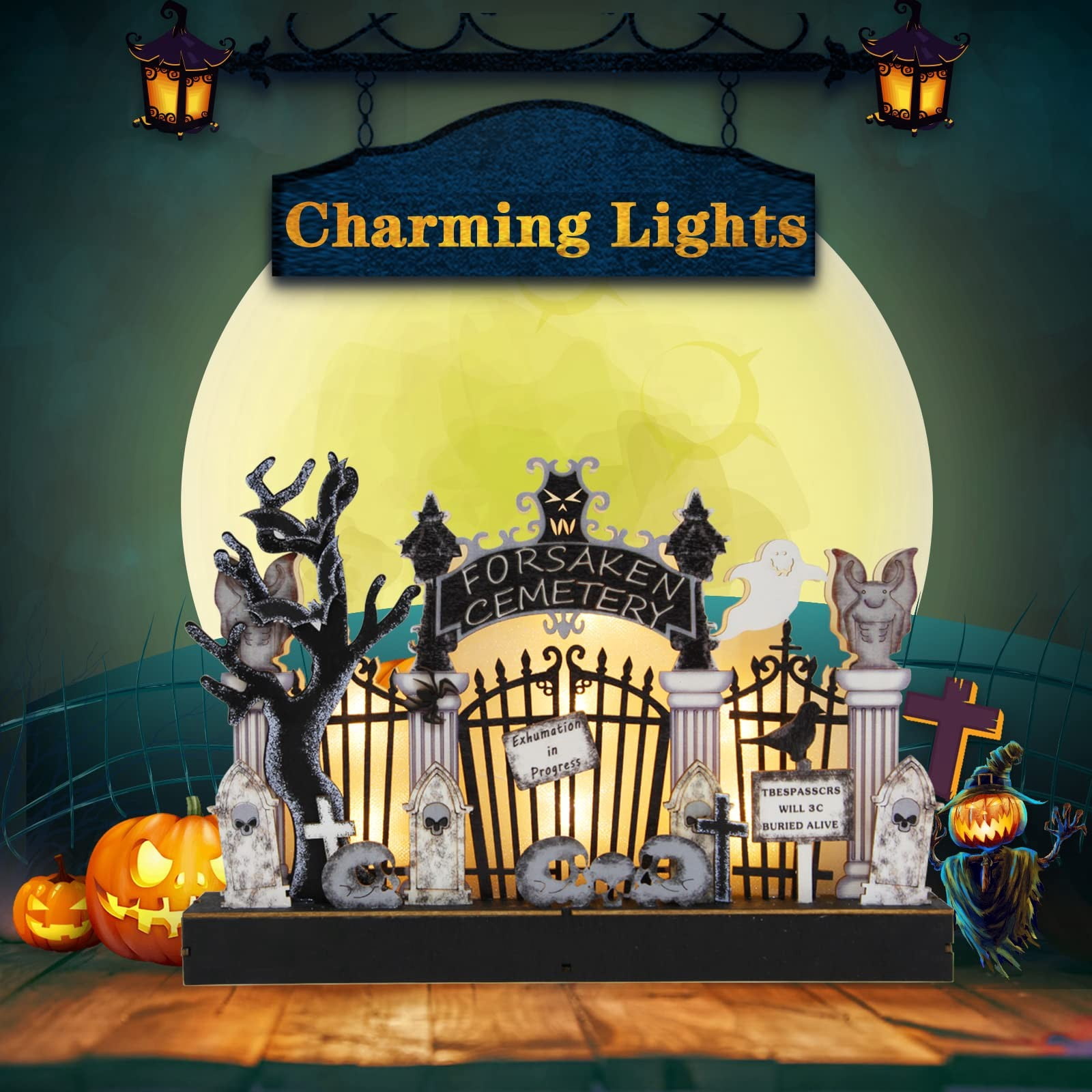 Halloween Haunted Cemetery Ornaments Wooden Glowing Ghost Festival ...