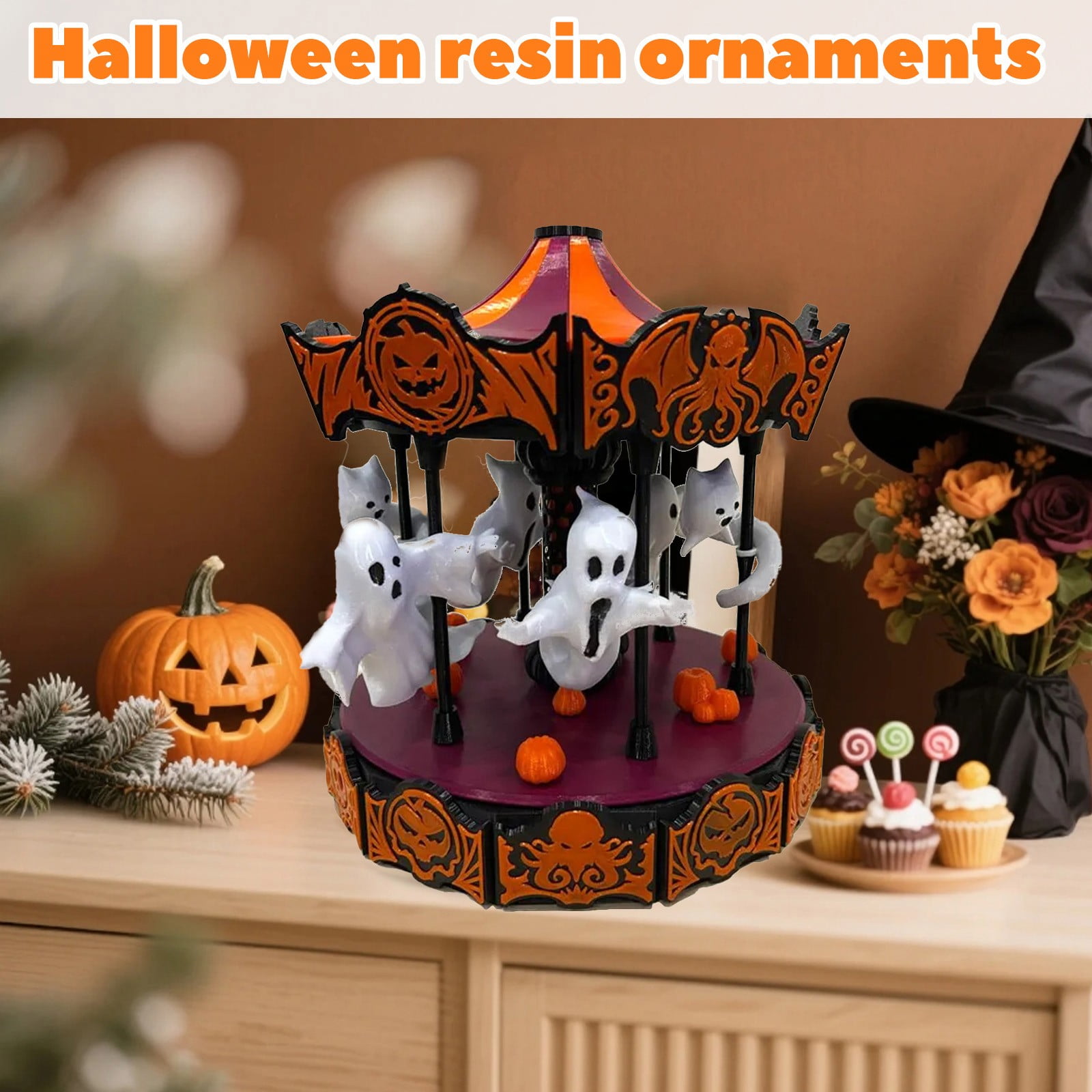 Halloween Haunted Ghost Carousel Figurine, Light Up Rotatable Haunted ...