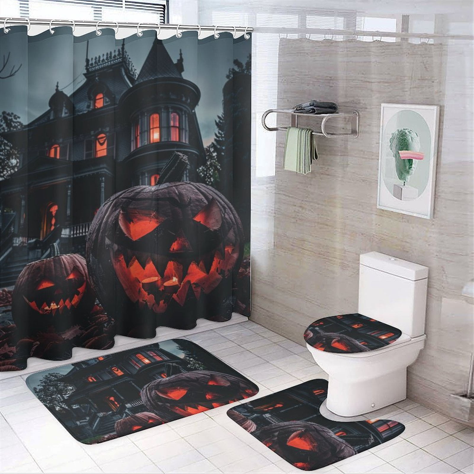 Halloween Haunted House Scary Pumpkin 4 Pcs Bathroom Shower Curtain Set ...