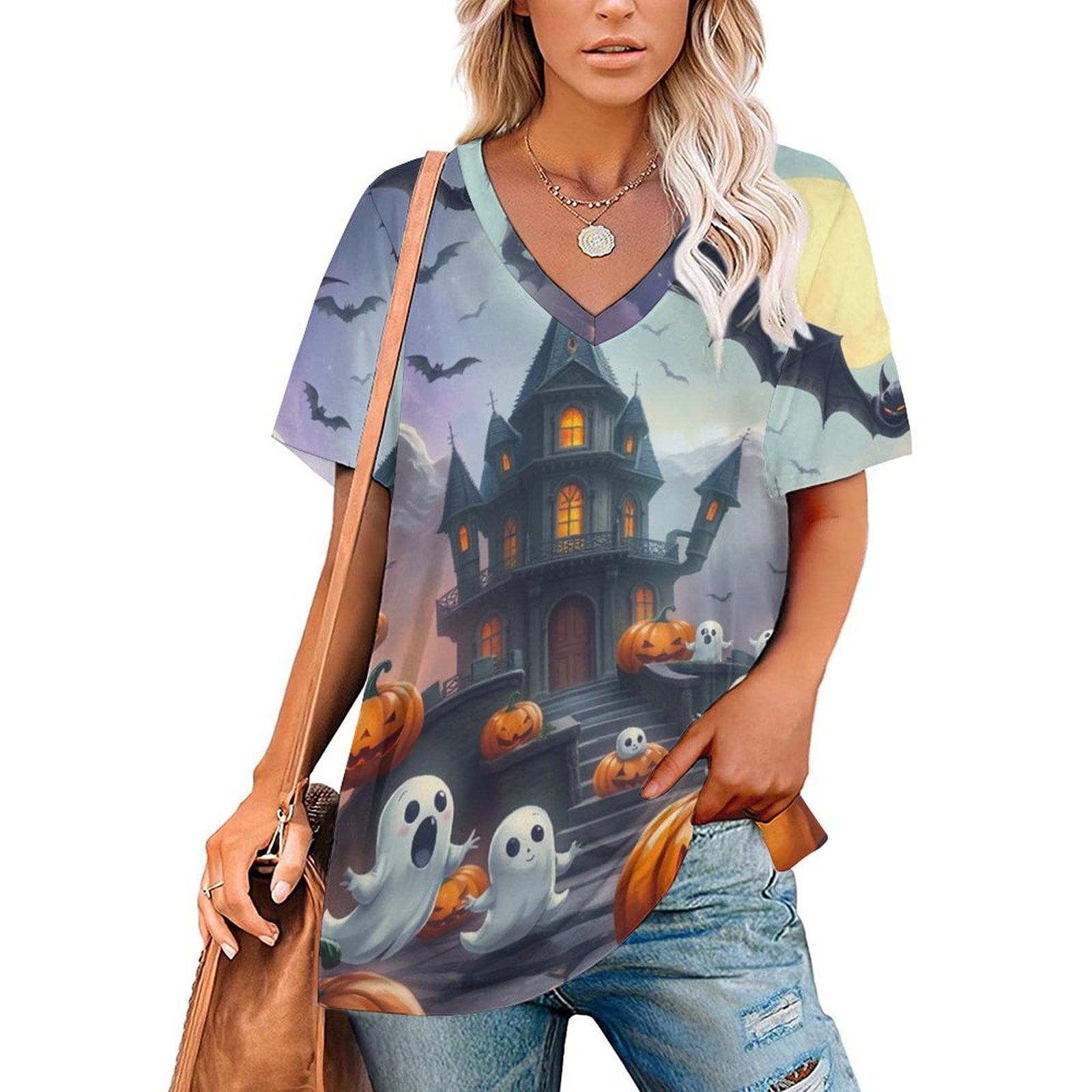 Halloween Haunted House T Shirts V Neck Short Sleeve Print Top Tees ...