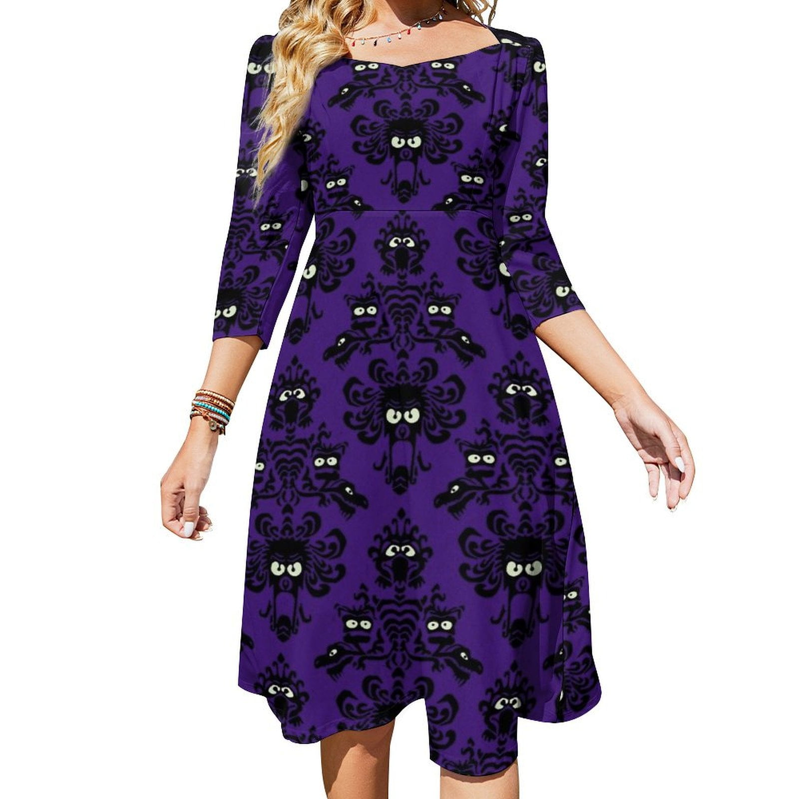 Halloween Haunted Mansion Women's 3/4 Sleeve Dresses Elegant A-Line ...