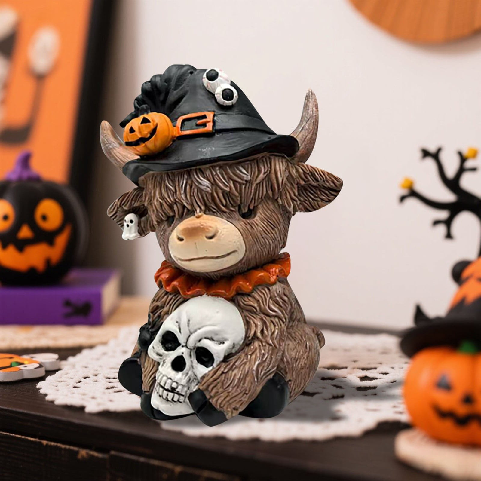 Halloween Highland Cow Holding Skull Figurines Highland Cow Resin ...