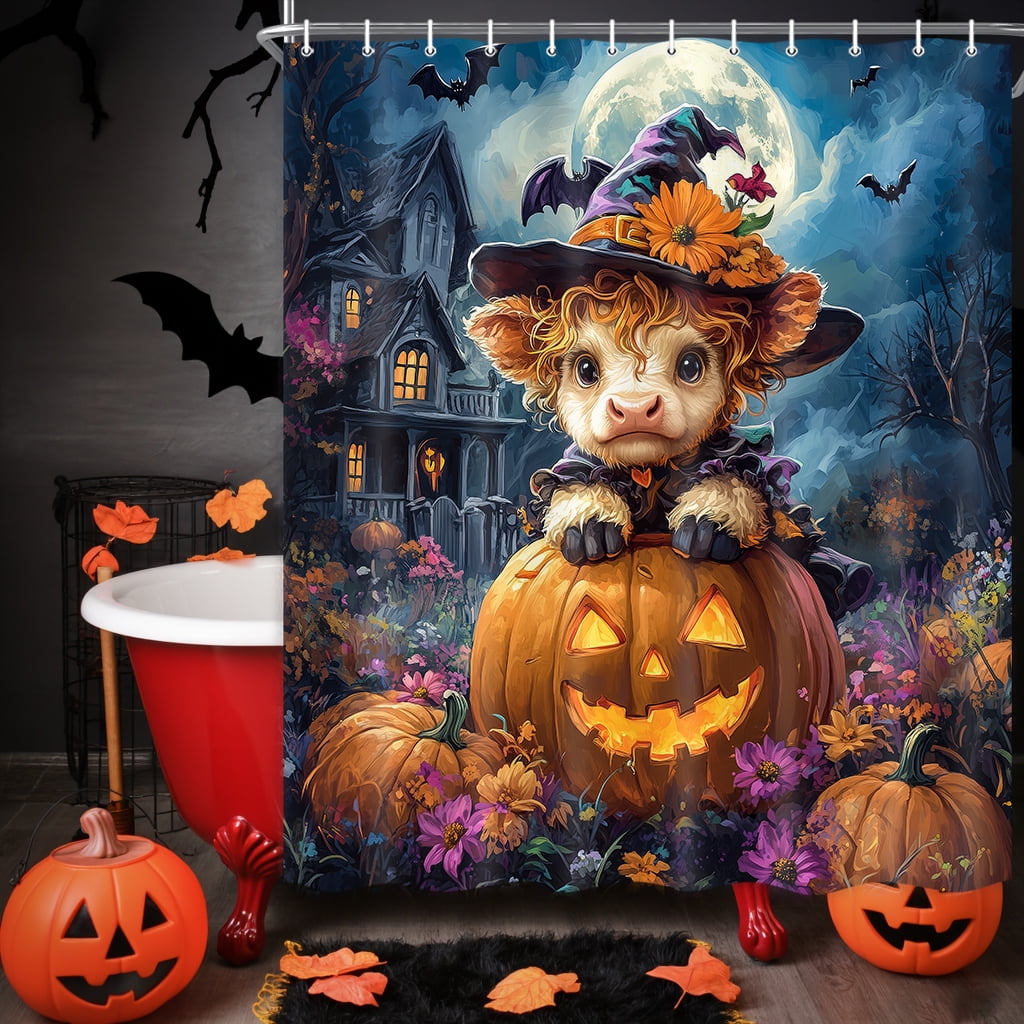 Halloween Highland Cow Shower Curtain, Cute Cow Wizard Hat Forest ...