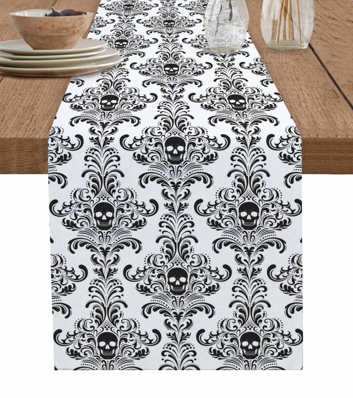 Halloween Horrible Skull Table Runner 120 Inches, Black White Flowers ...