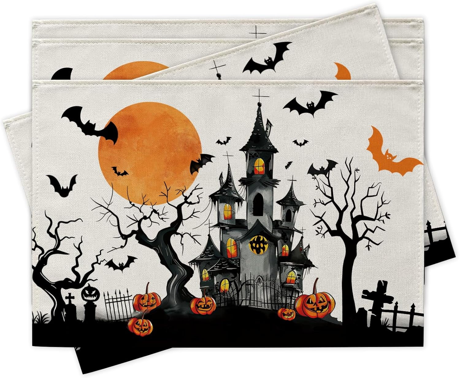 Halloween Horror Castle Placemats Set of 4, Scary Haunted House Moon ...