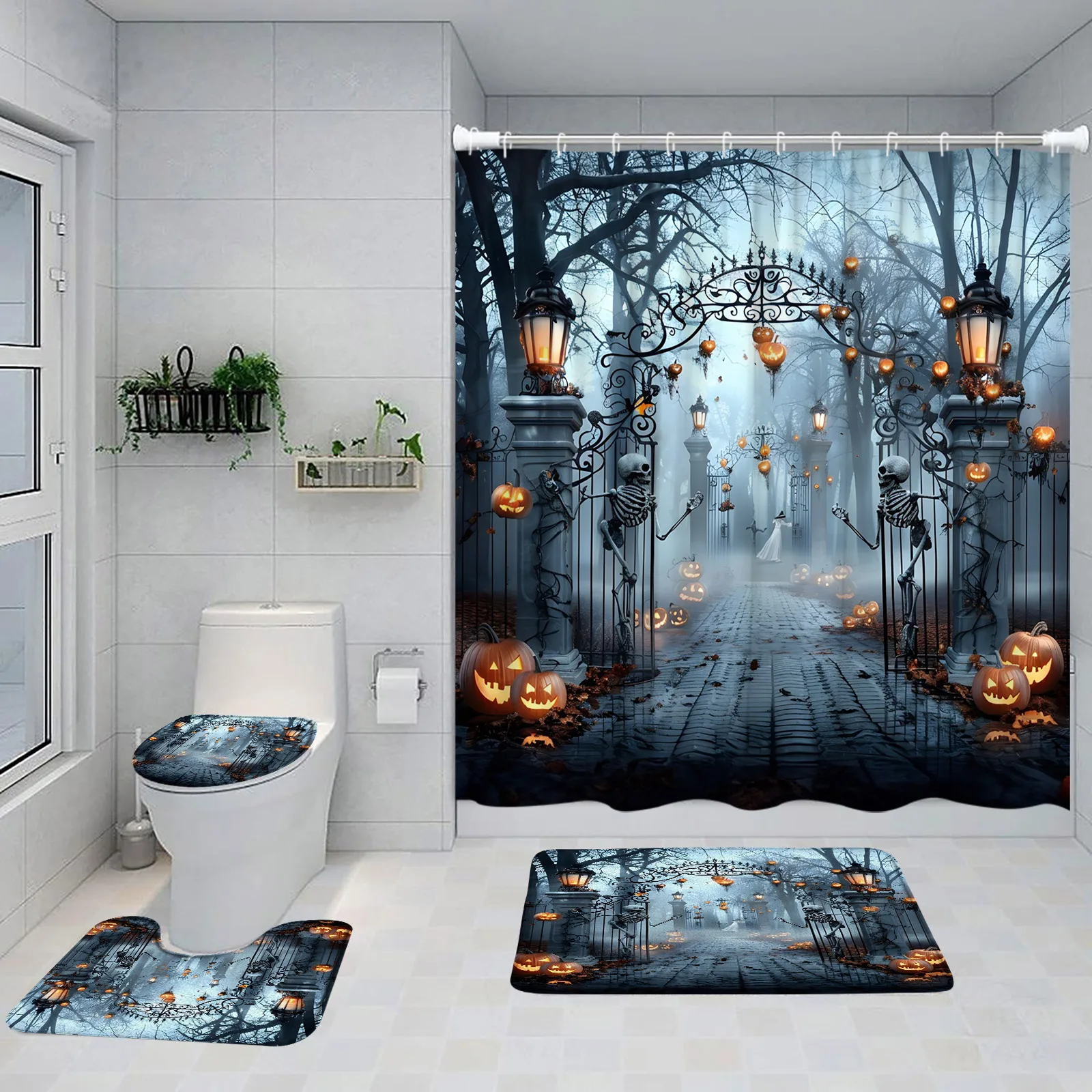 Halloween Horror Full Moon Night Shower Curtain Set Haunted House ...