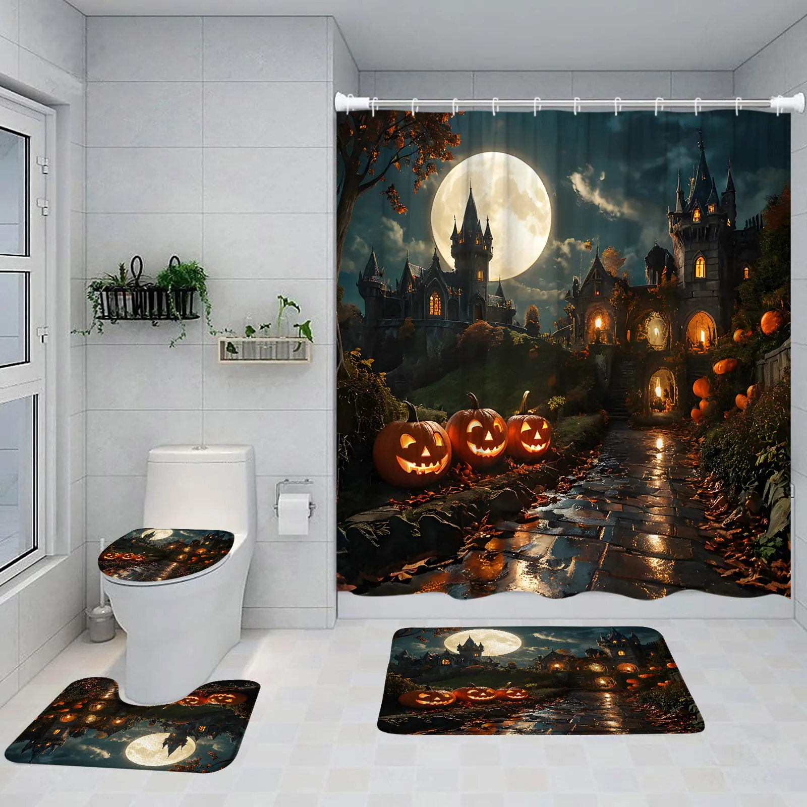 Halloween Horror Full Moon Night Shower Curtain Set Haunted House ...