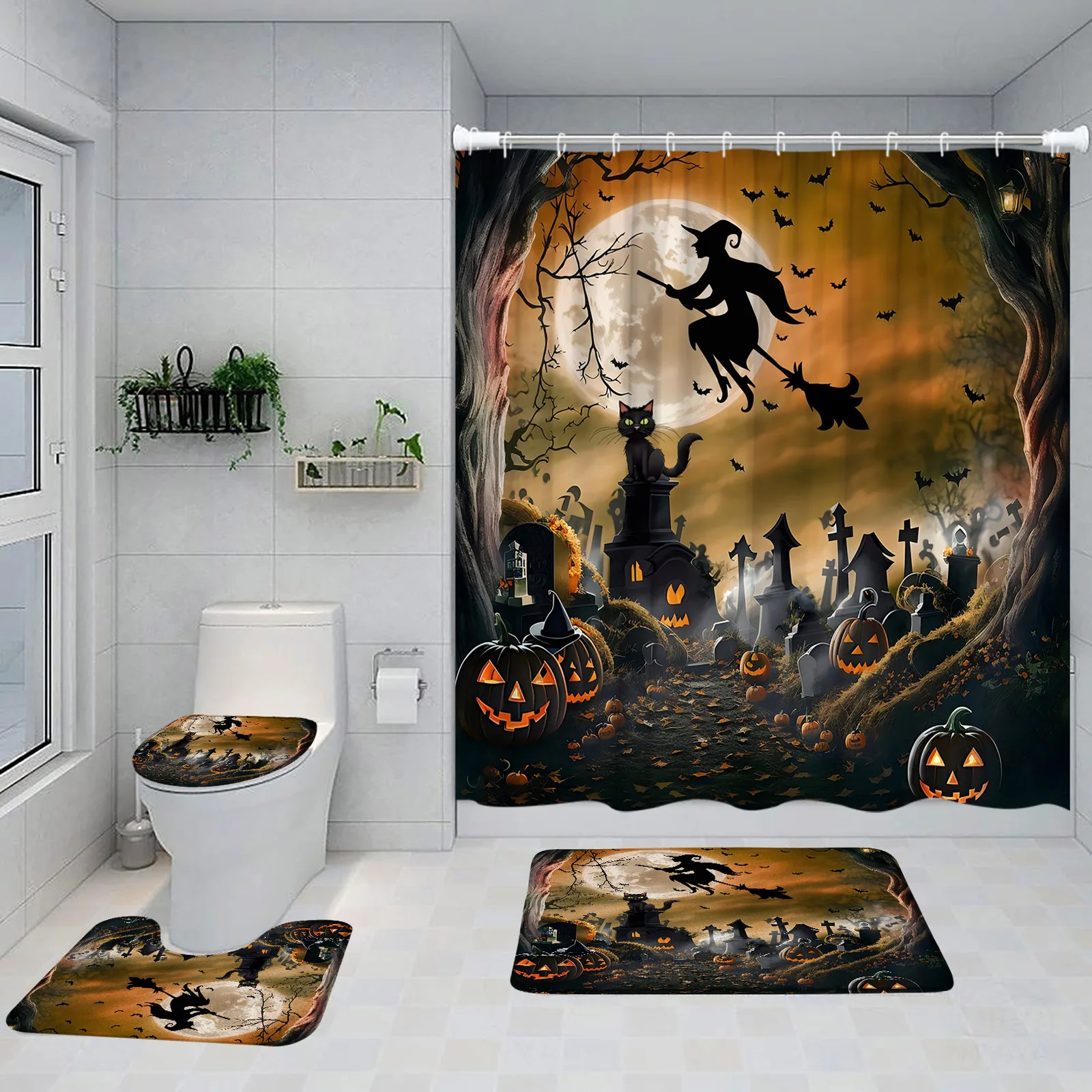 Halloween Horror Full Moon Night Shower Curtain Set Haunted House ...