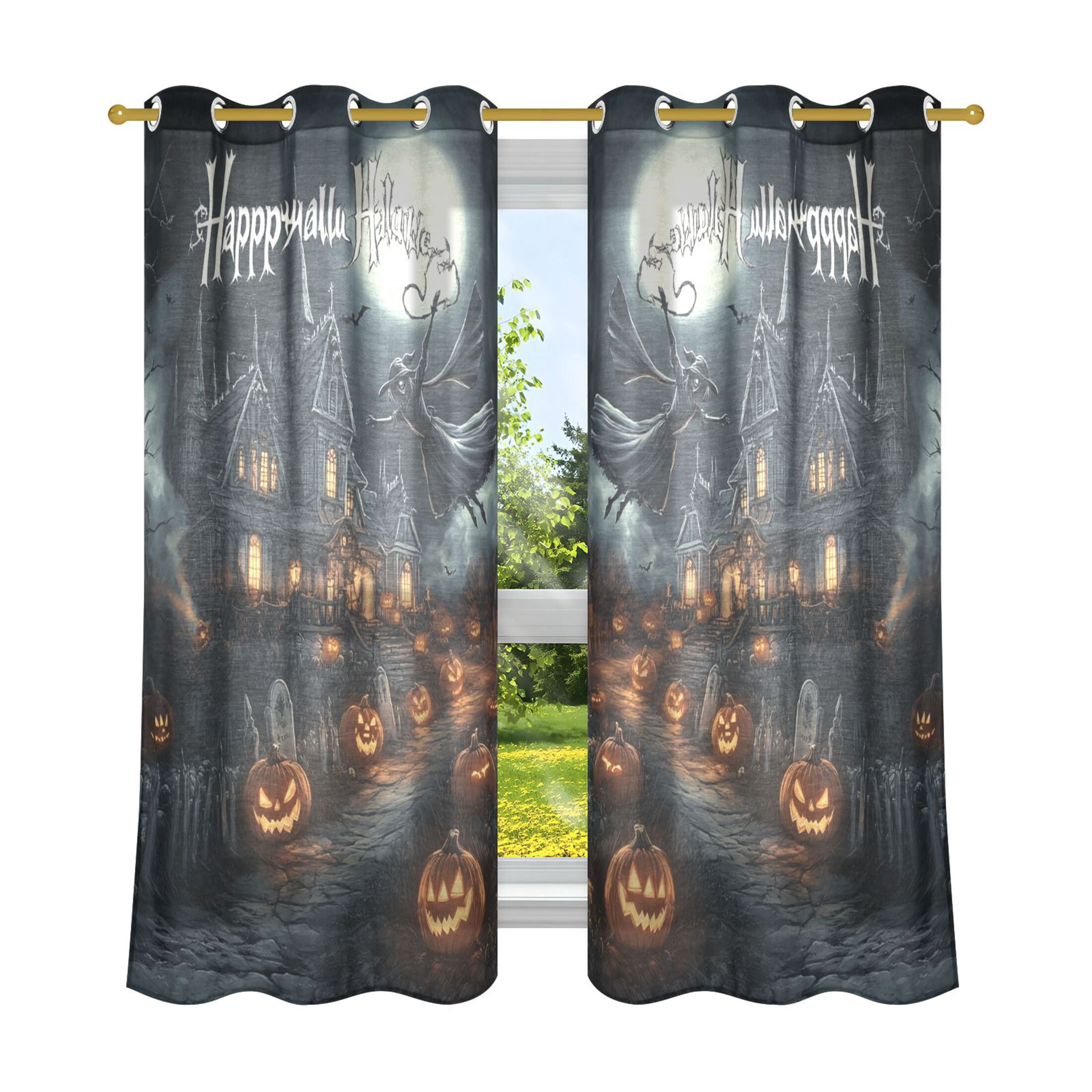 Halloween Horror Haunted House Semi Sheer Curtains for Living Room ...