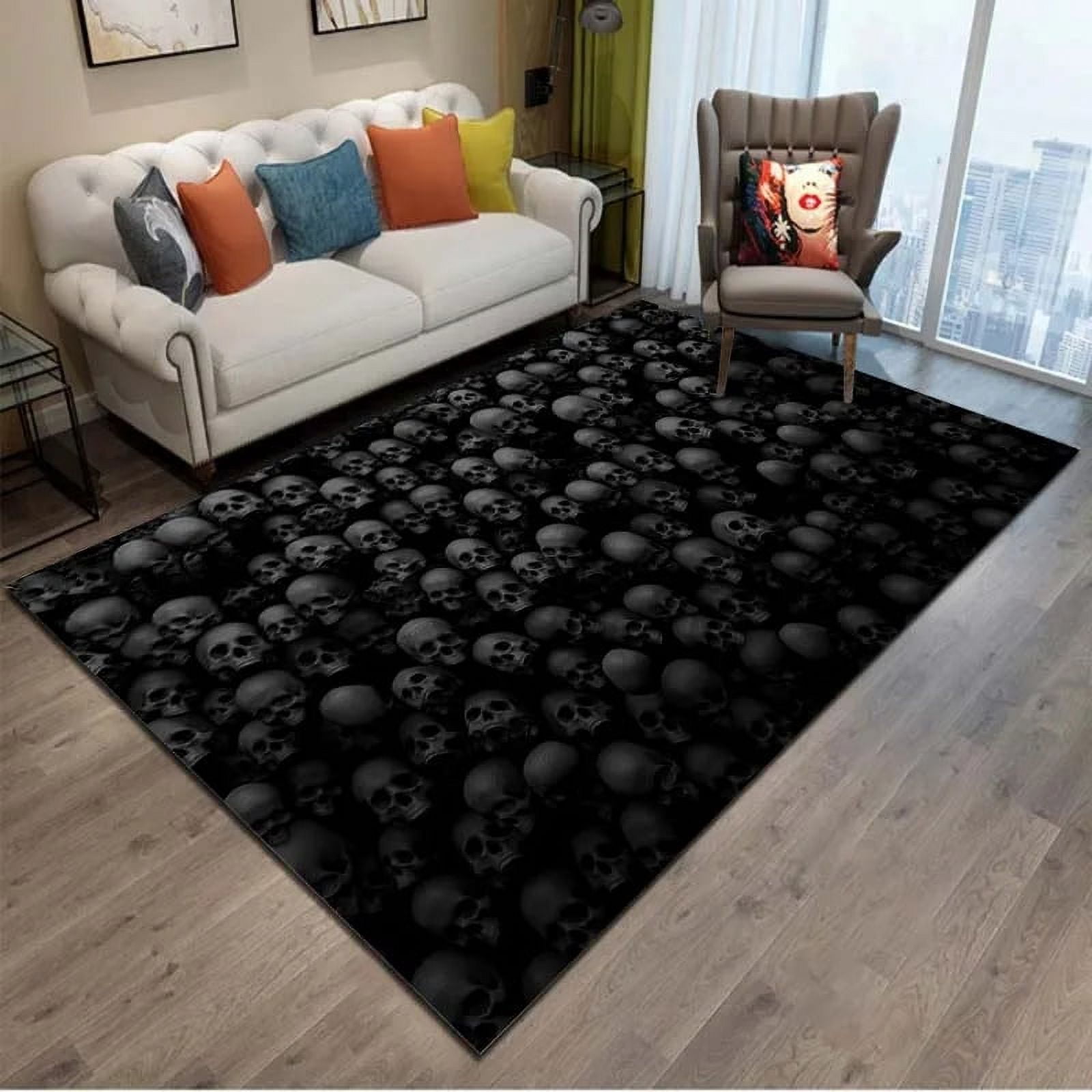 Halloween Horror Skeleton ration Skull Pattern Black Carpet Rug for ...