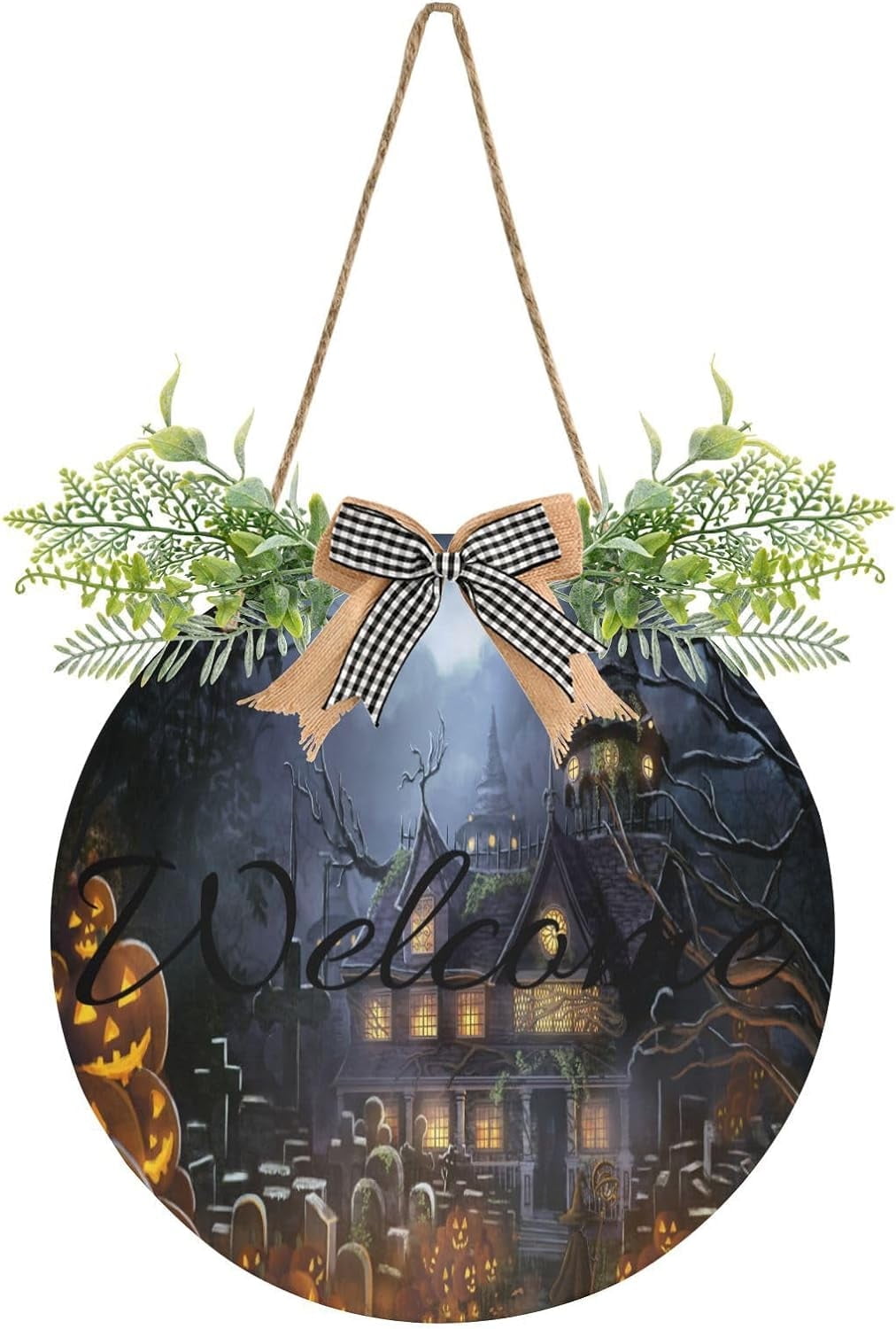 Halloween Houses Welcome Sign Front Door Round Wall Door Sign with ...