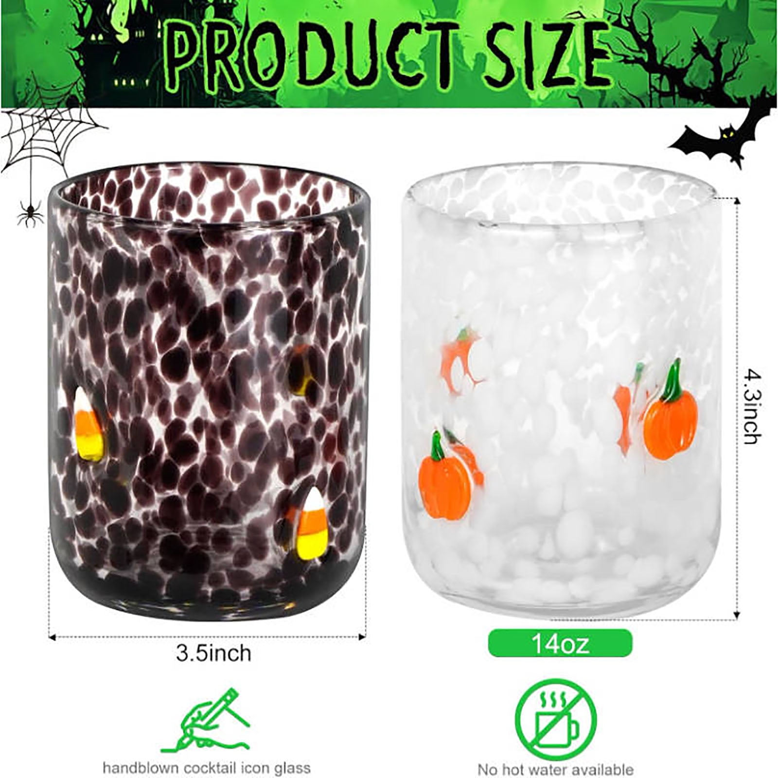 Halloween Icon Glass Cups, 14oz Stemless Drinking Cute Candy Glasses ...
