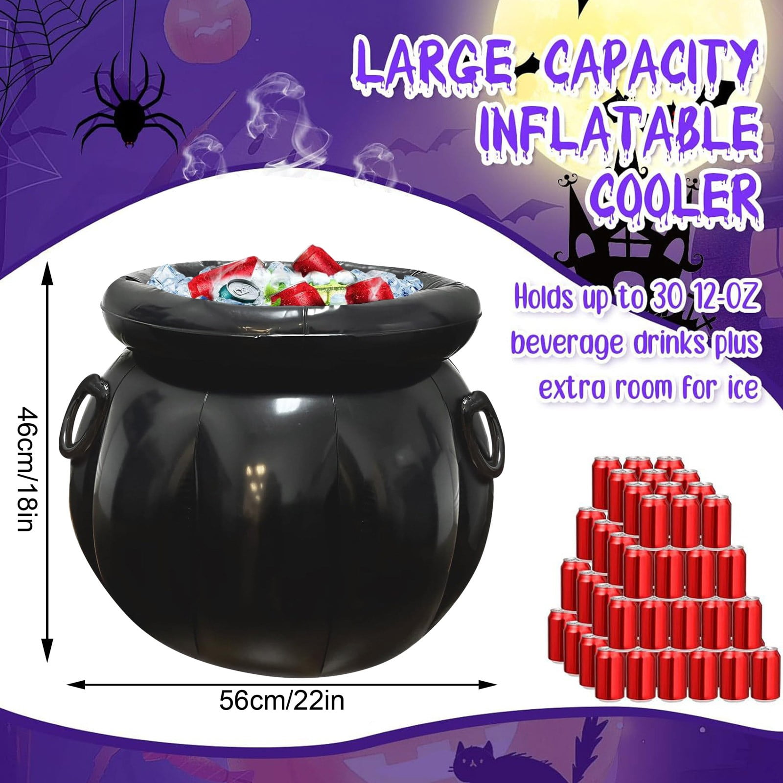 Halloween Inflatable Cooler, 24.8" Inflatable Black Cauldron Ice Bucket ...