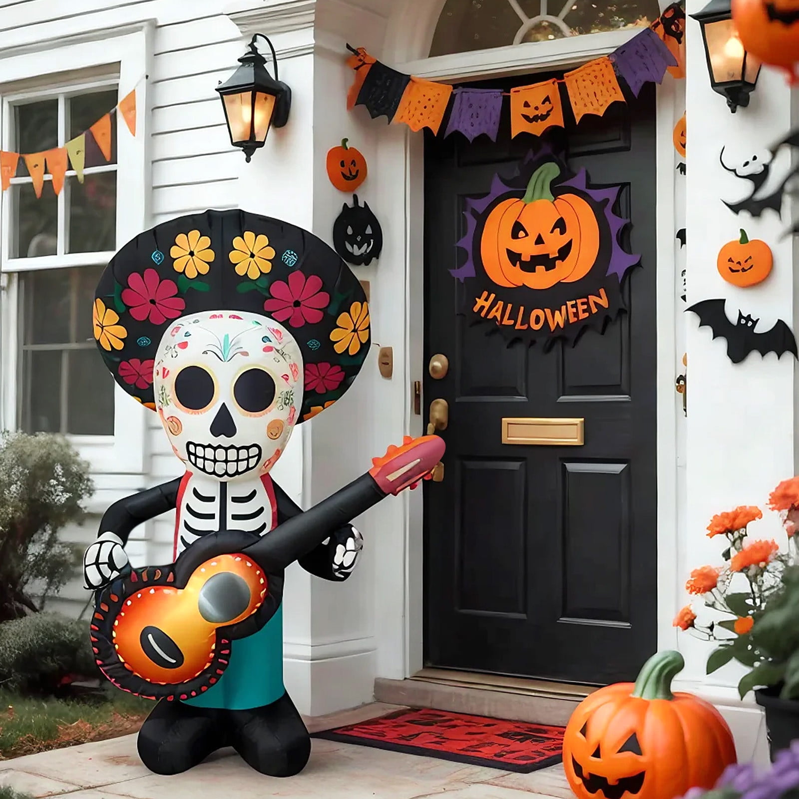 Halloween Inflatable Decoration, Lighted Blow Up Skeleton with A Guitar ...