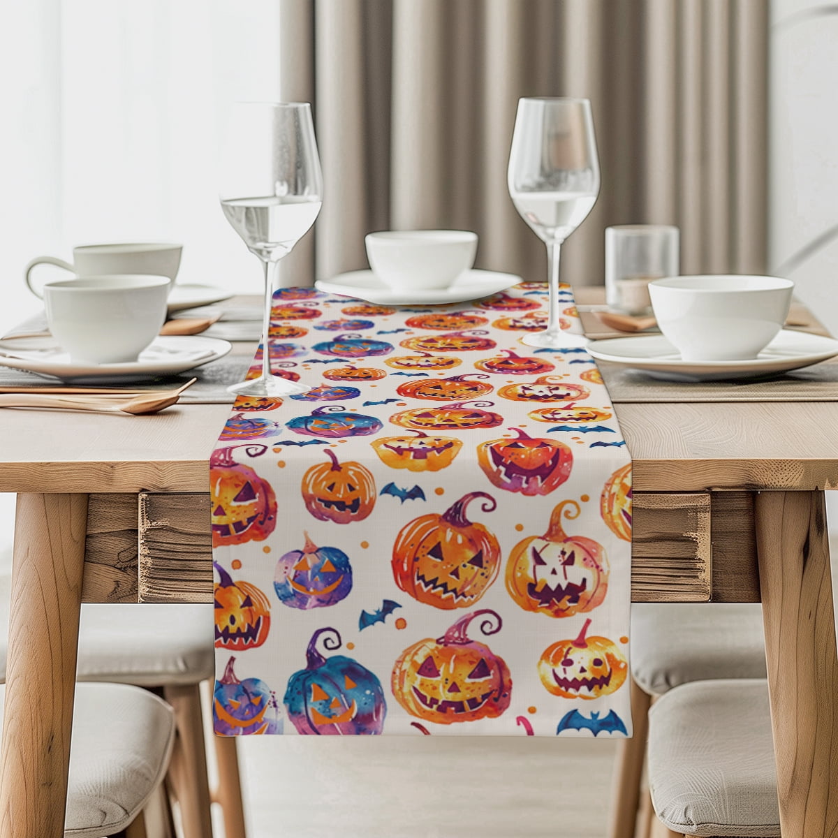 Halloween Jack-o '-lantern Cartoon Watercolor Table Runner Farmhouse ...