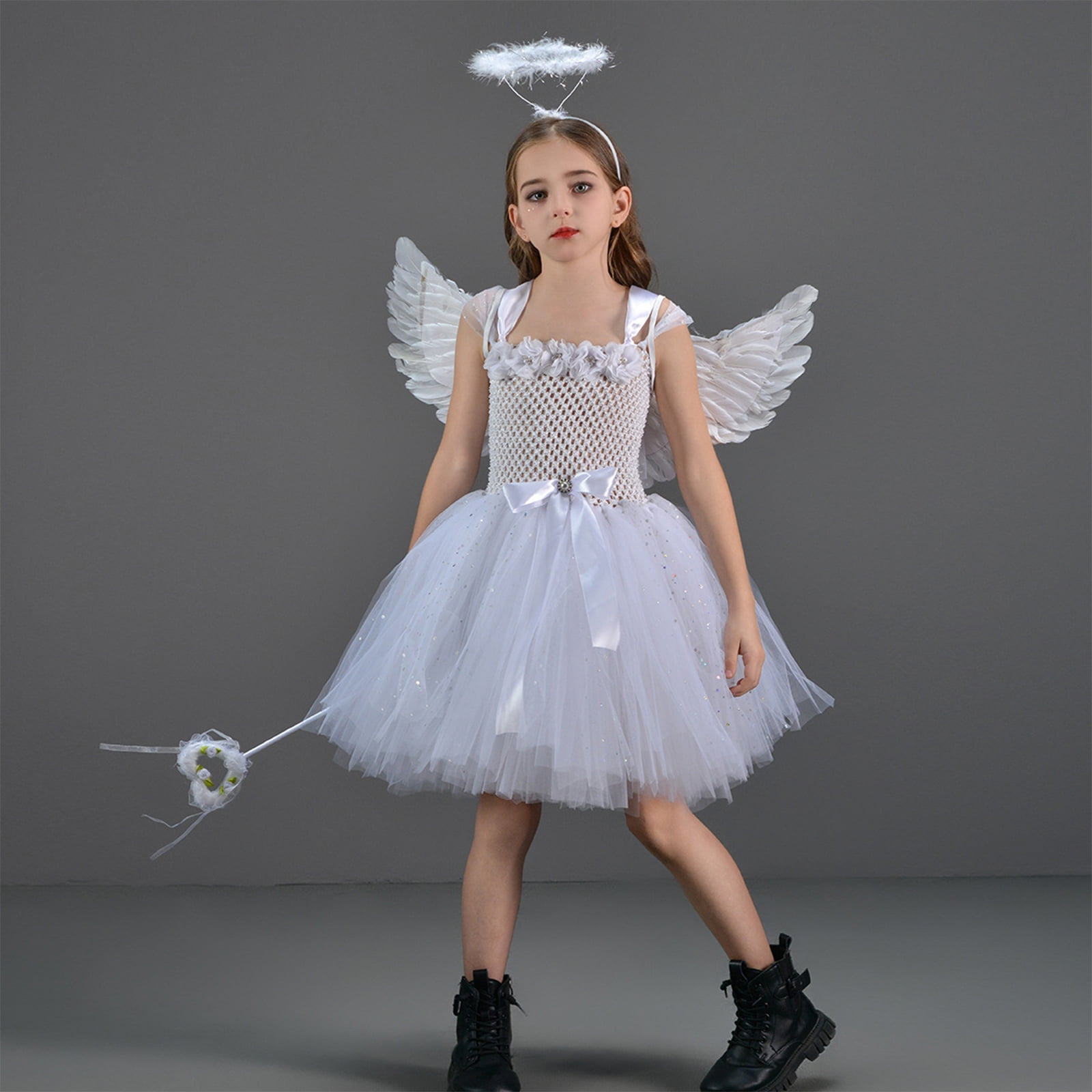 Halloween Kids Girls Angel Costume Sequin Tulle Dress Wings and Halo ...