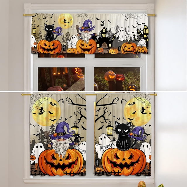 Halloween Kitchen Curtains 54" x 24" Pumpkin Kitchen Curtain Set Black ...