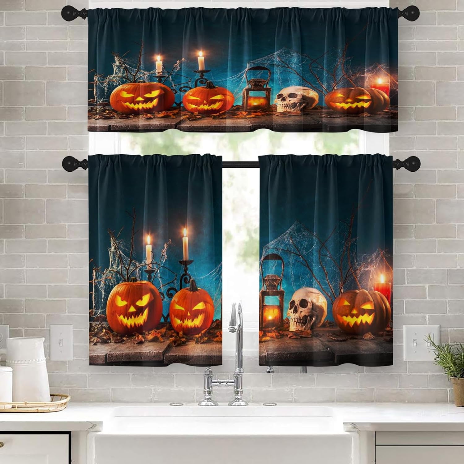 Halloween Kitchen Curtains Pumpkins Window Curtains Valance and Tier ...