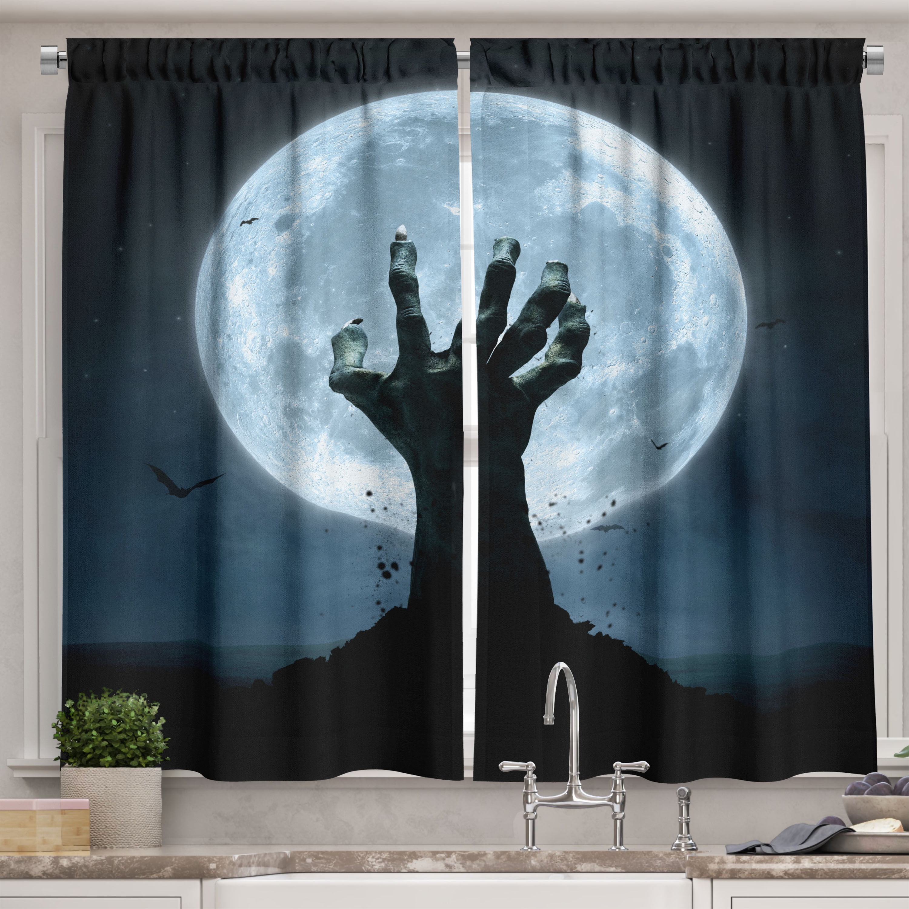 Halloween Kitchen Curtains, Realistic Zombie Earth Soil Full Moon Bat Horror Story October ...