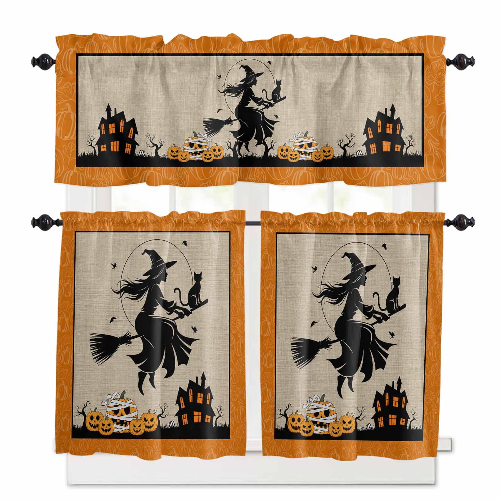 Halloween Kitchen Curtains Set for Windows 3 Pieces,36 Inch Length Tier ...