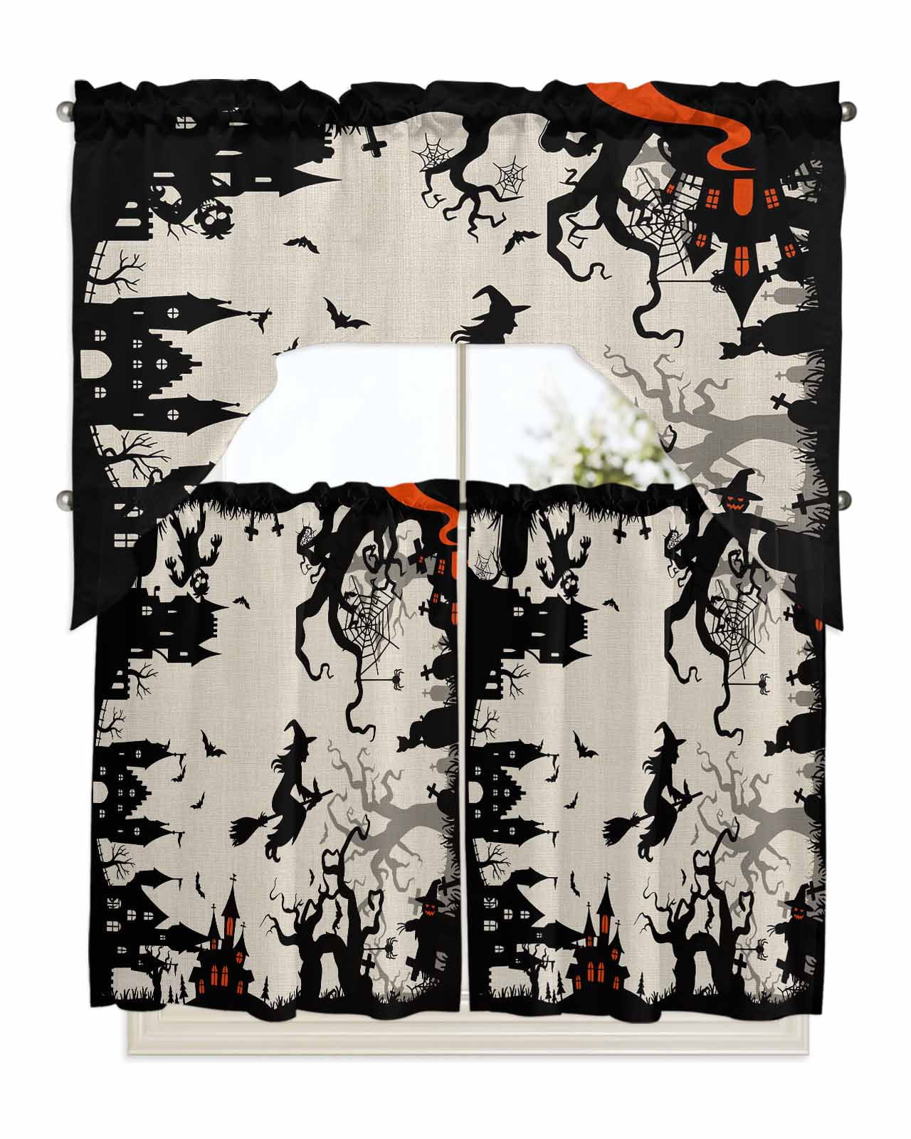 Halloween Kitchen Curtains Swag Valance and Tier Curtains Set 36 Inch Length, Scary Cartoon ...