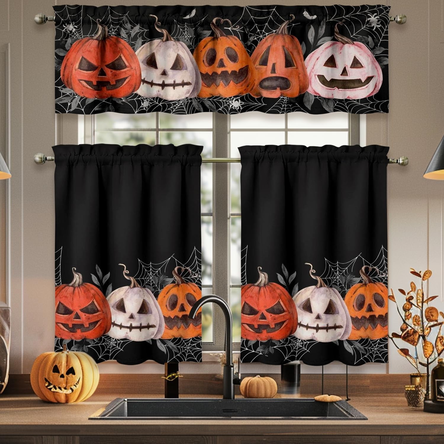 Halloween Kitchen Curtains Valances and Tiers 3 Piece Set,Pumpkins Spider Web Rod Pocket Short ...