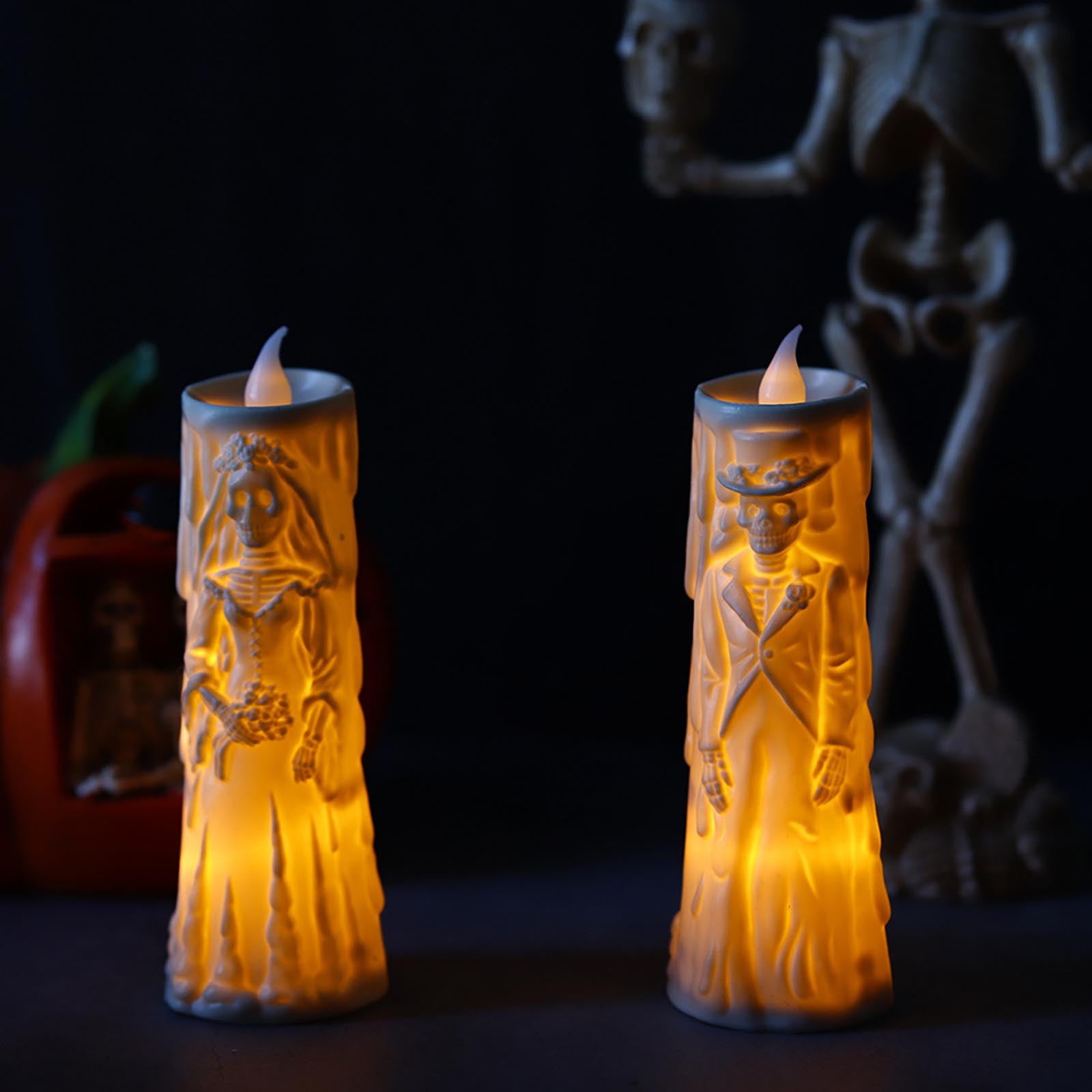Halloween LED Flameless Pillar Candles Decor Set of 2 Ghost Bride And ...