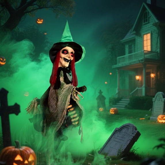 Halloween LED Light-Up Flying Witch on Broomstick, Realistic Sound ...