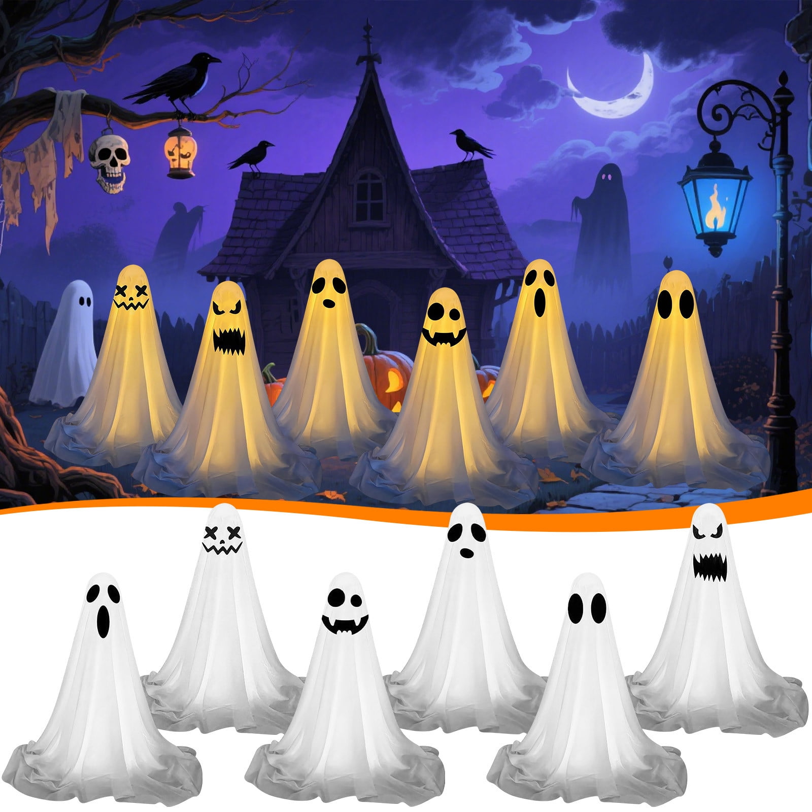 Halloween LED Light-Up Ghost Decor - Telescoping Pole (0.4-2.1m) with ...