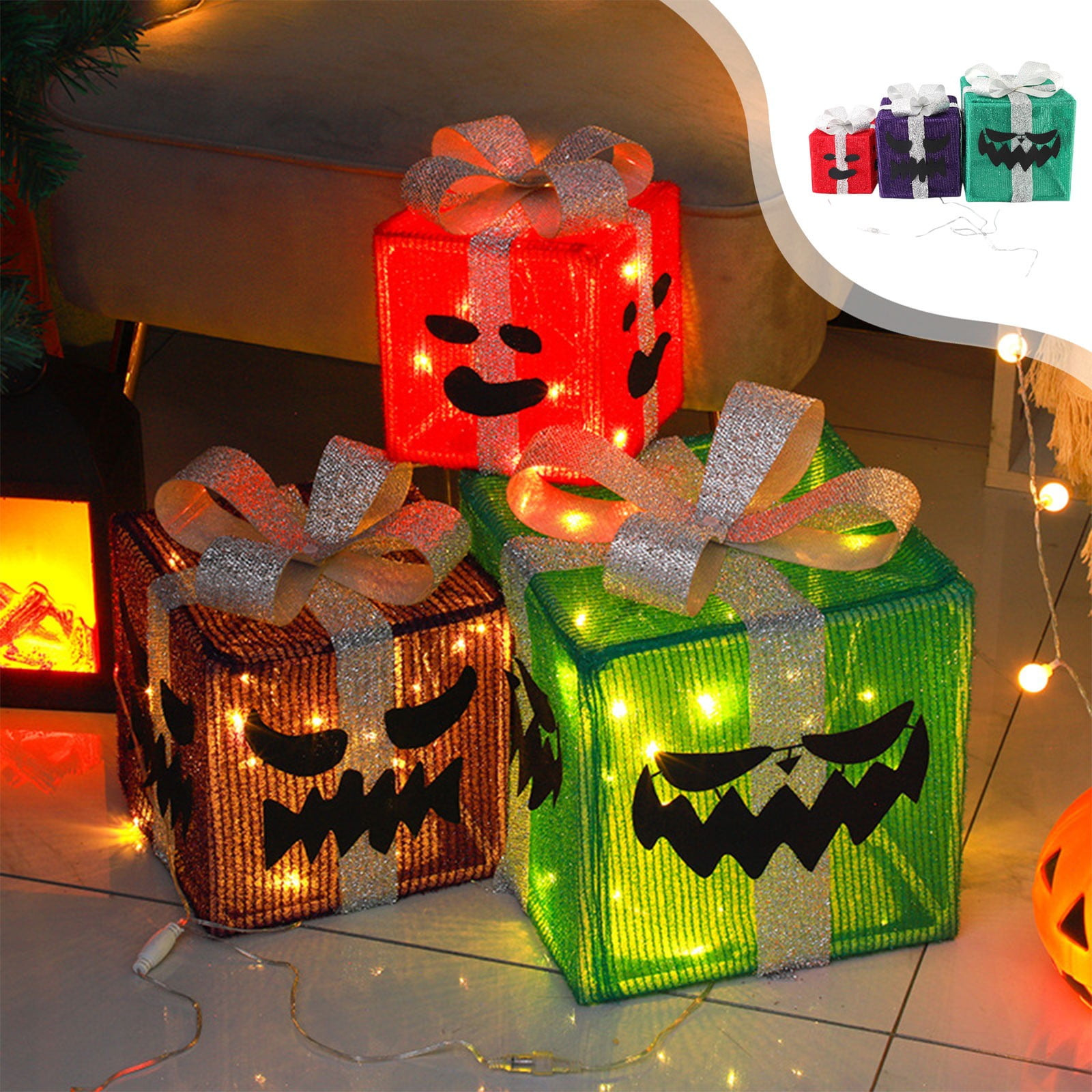 Halloween LED Light Up Gift Box Set - 3 Sizes Iron Decorative Boxes ...