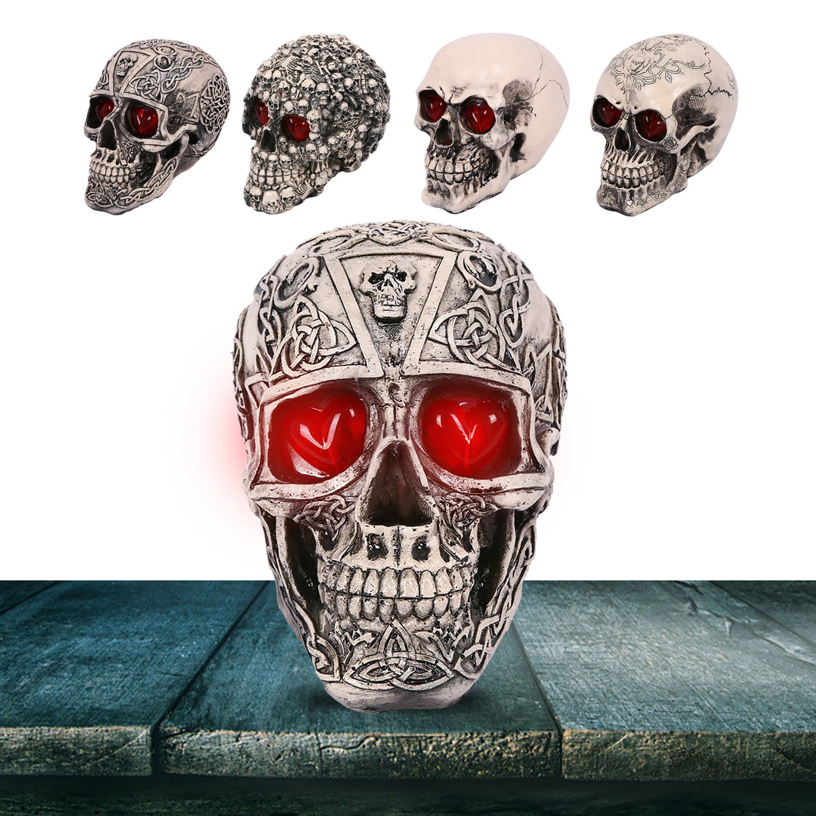 Halloween Life Size Skull Sculpture with LED Light Up Glowing Eyes ...