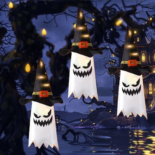 Halloween Light-Up Ghost Set of 3, Scary Face on Ghosts, Indoor ...