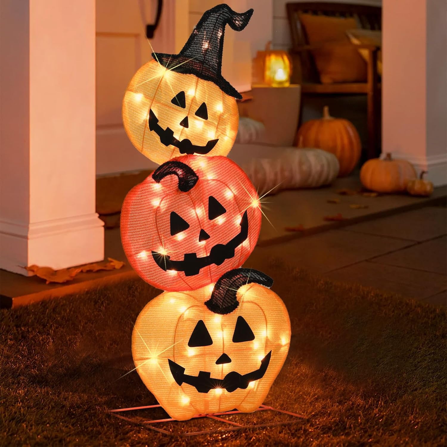 Halloween Lighted 3 Stacked Pumpkins, 39’’ H Pre-Lit Lighted Pumpkins ...