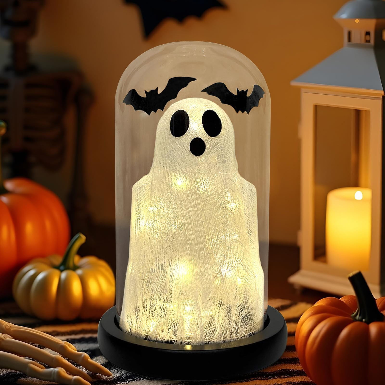 Halloween Lighted Ghost in Glass Dome Cloche Decorations Indoor, Light ...