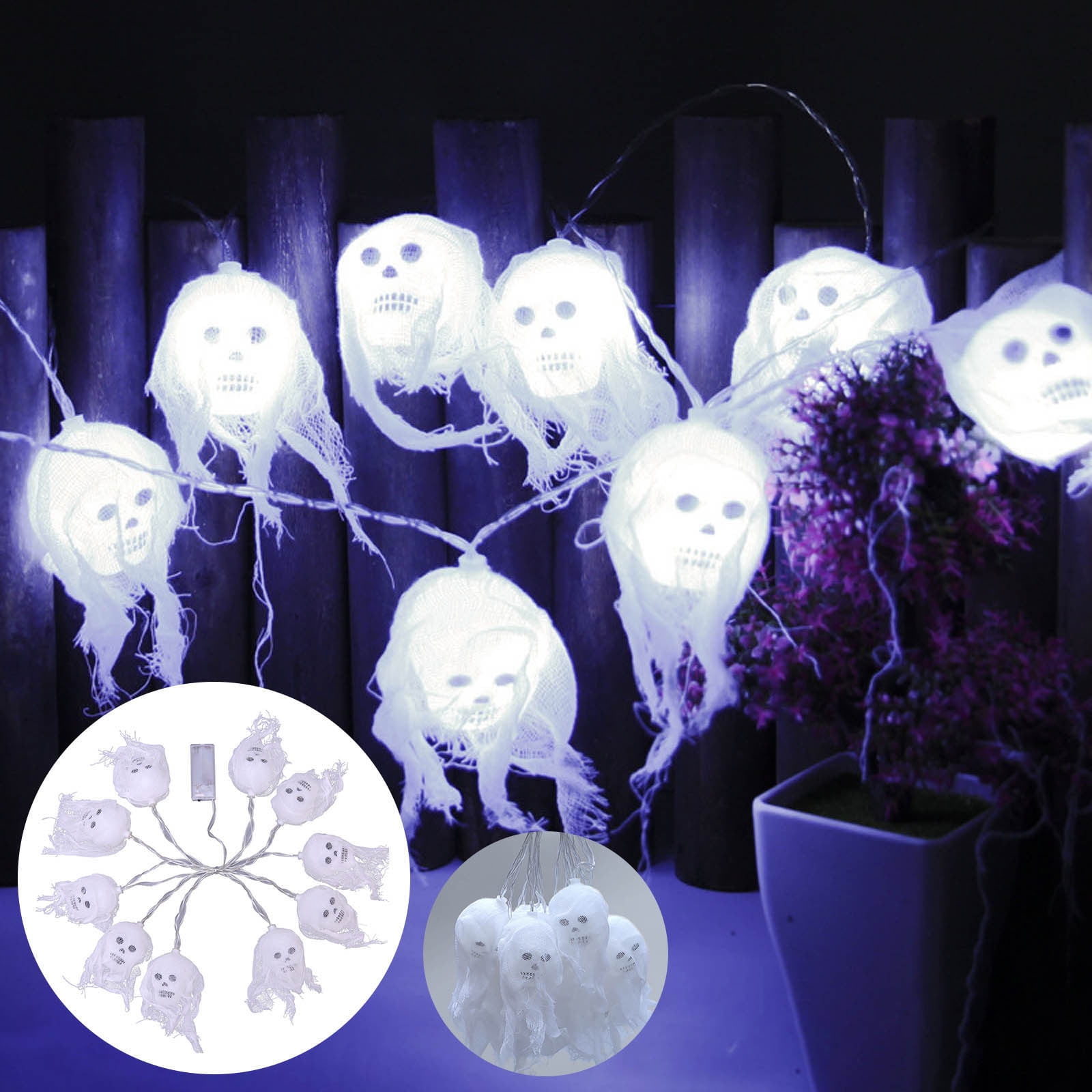 Halloween Ghost Skull String Lights,10 LED White Gauze Skull Battery ...