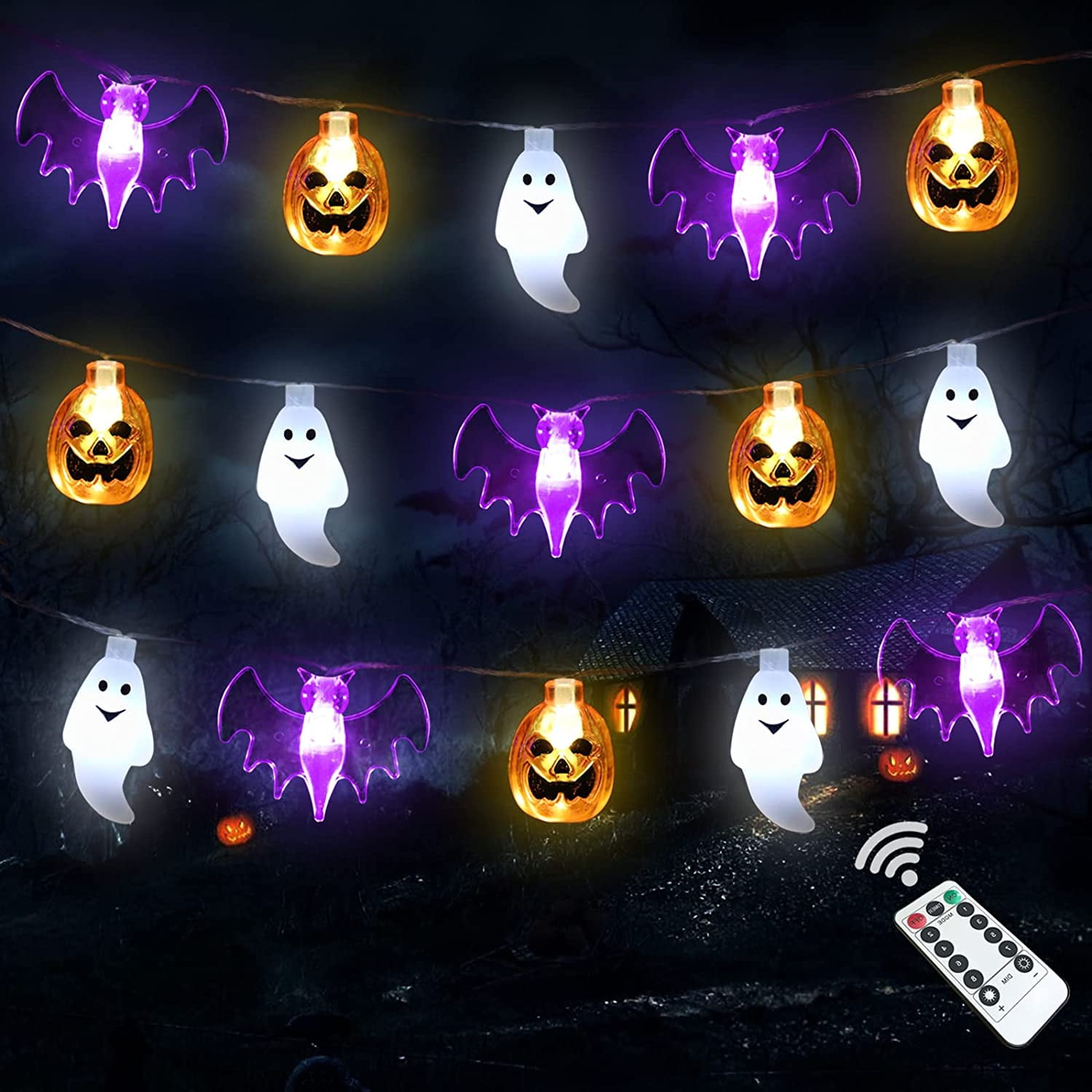 Halloween Lights, 20FT 30 LED Waterproof 3D Pumpkin Bat Ghost Battery ...