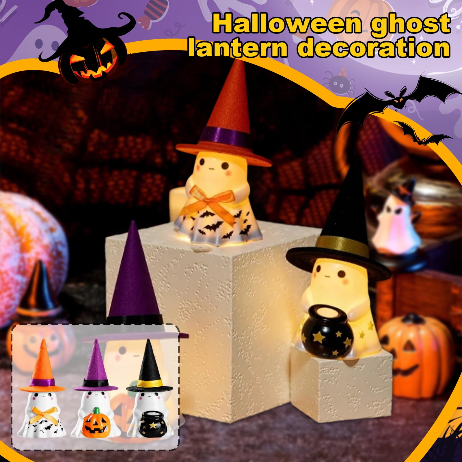 Halloween Lights Decor Glowing Ghost Ornaments with Witch Hat Halloween ...