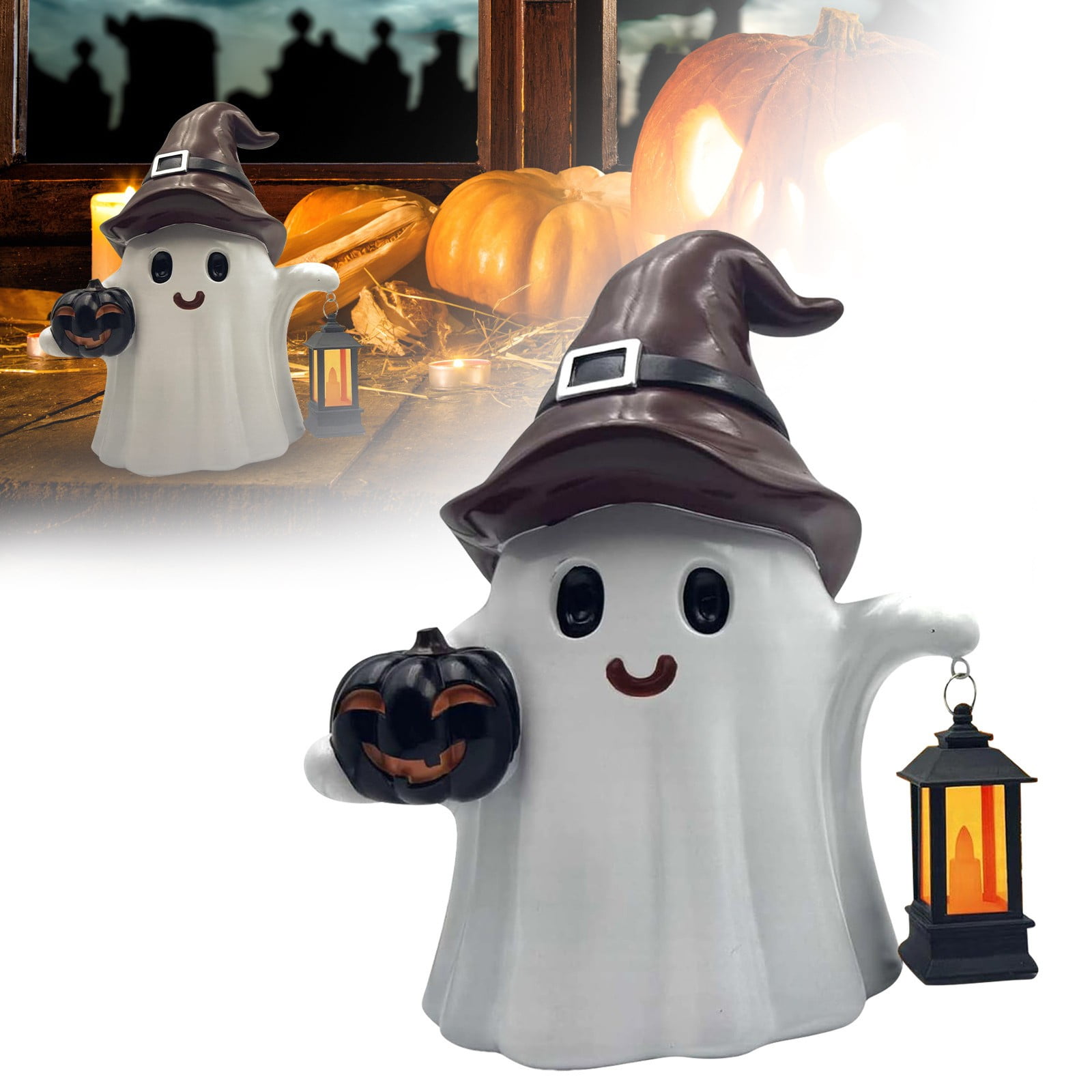 Halloween Lights Ghost Carrying a Lantern Figurine,Cute Ghost Pumpkin ...