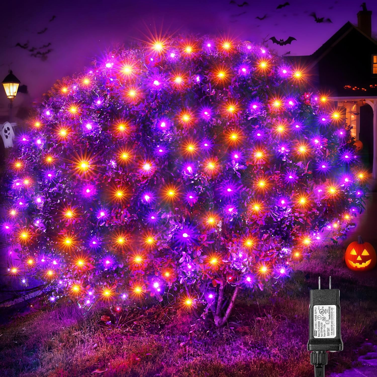 Halloween Lights Outdoor 200 LED 8.4ft x 5.2ft Orange Purple Net Lights ...