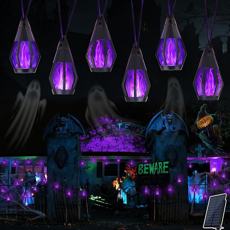 Halloween Lights Outdoor, 21Ft Outdoor String Lights with 10 Flickering ...