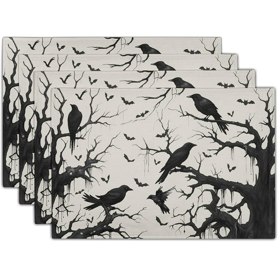 Halloween Linen Placemats Set of 4 12x18 Inch Ravens and Bats in Forest ...