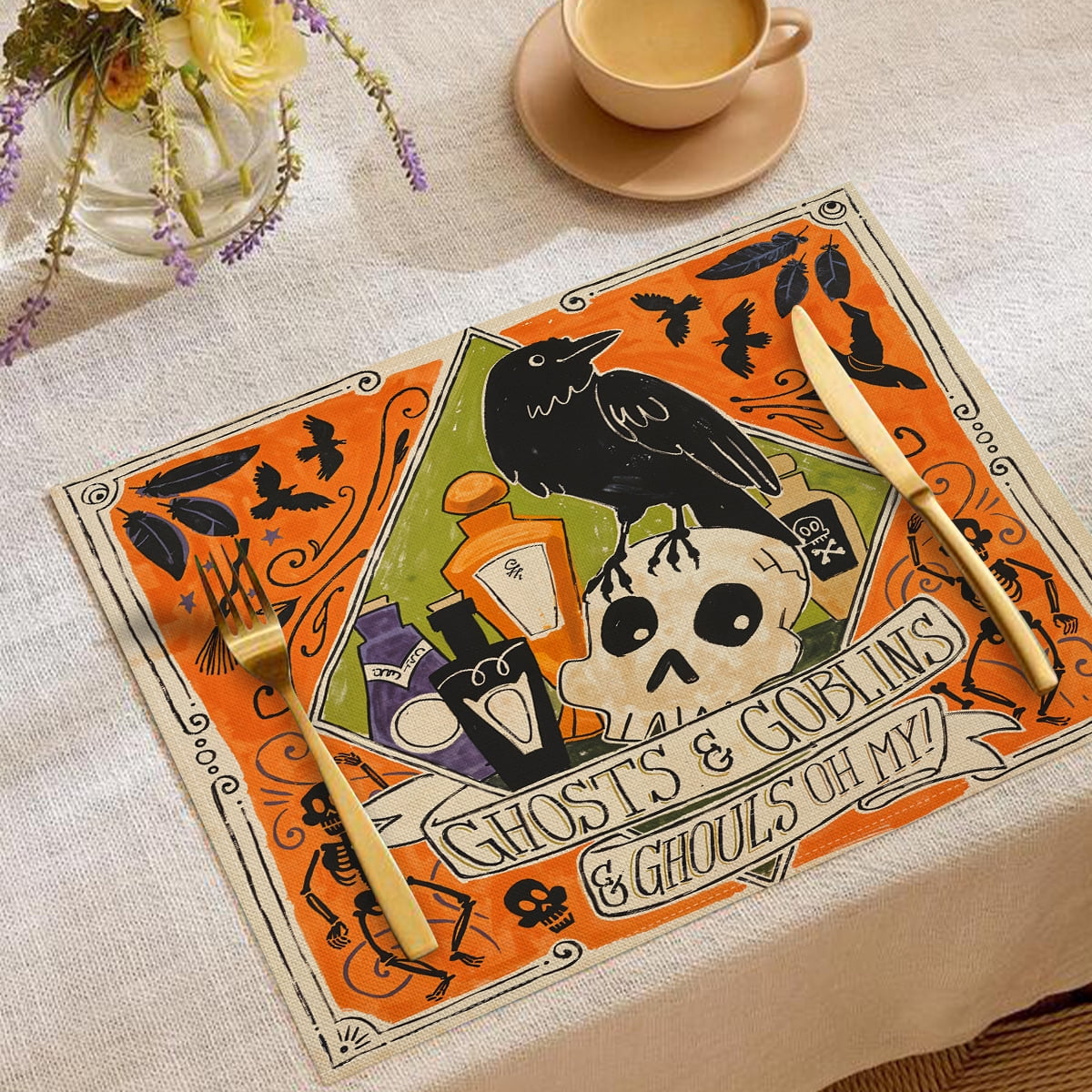 Halloween Linen Placemats - Trick or Treat Series Set, Festive Table ...