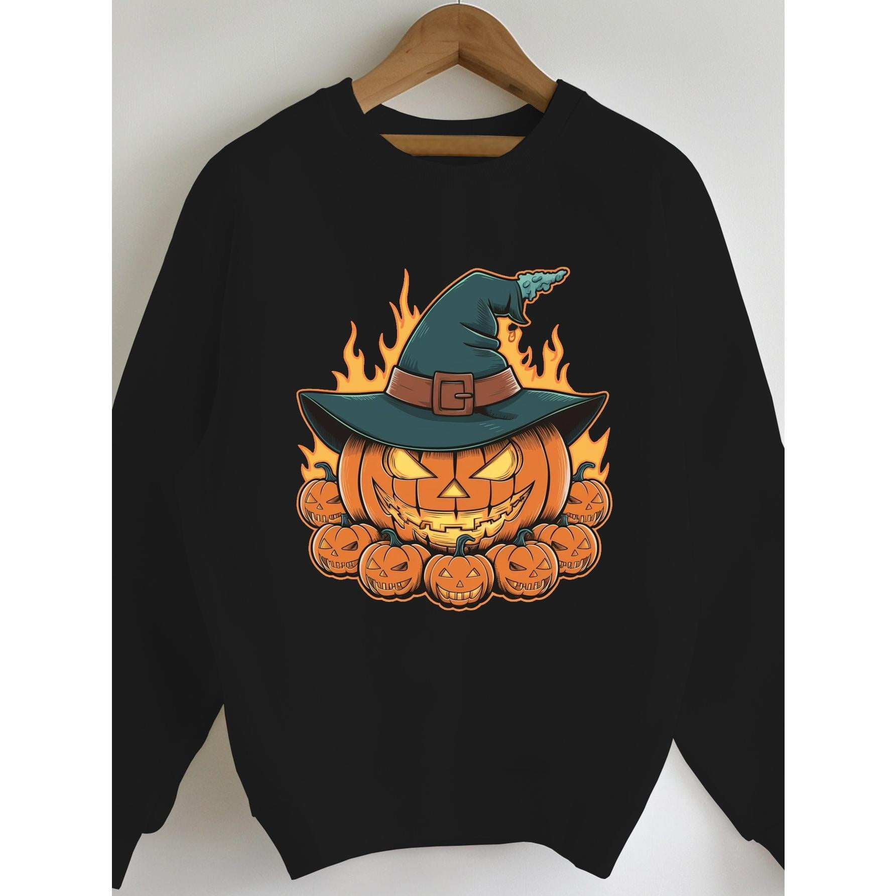 Halloween Long Sleeve Round Neck Pumpkin Graphic Sweatshirt Top Hat ...