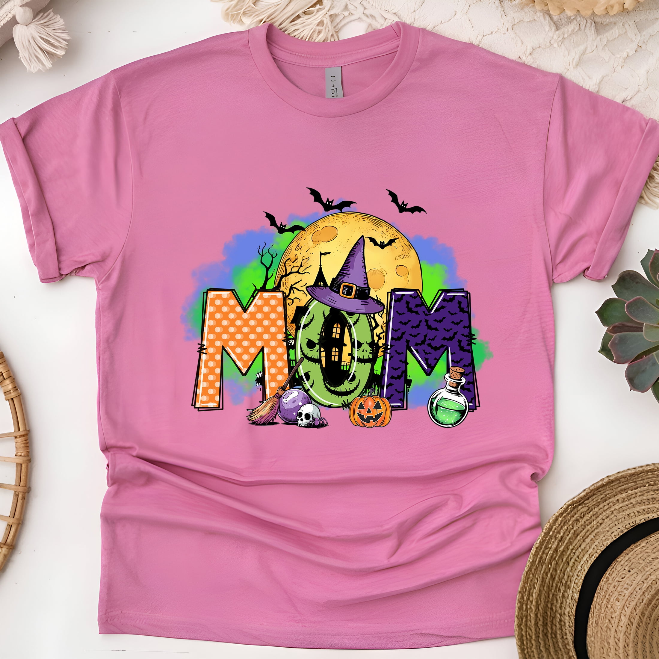 Halloween MOM Shirt – Witch Pumpkin and Full Moon Graphic T-Shirt ...