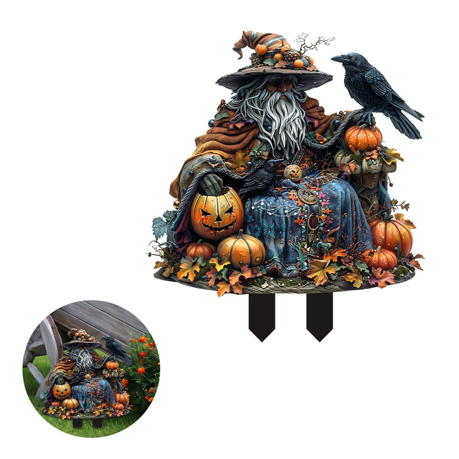 Halloween Meditating Old Man Holding Crow & Pumpkin Figurine, Fun ...