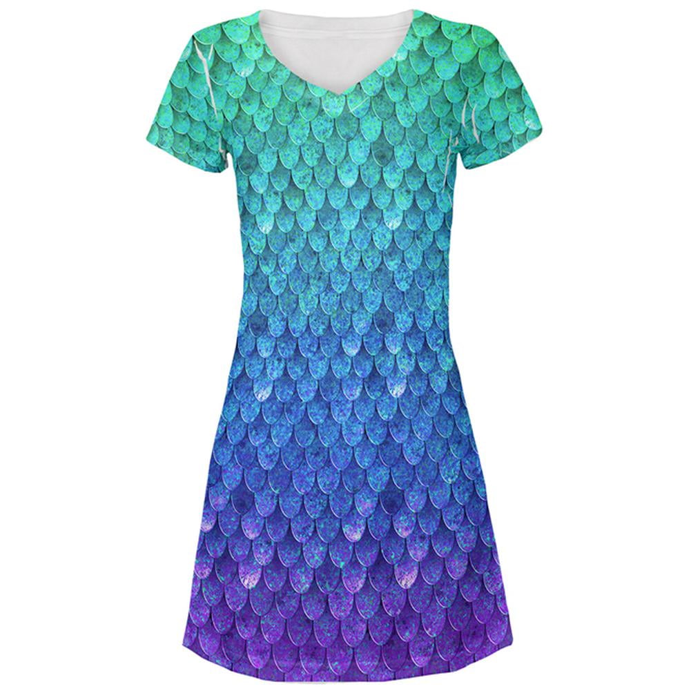 Halloween Mermaid Scales Costume All Over Juniors Beach Cover-Up Dress ...