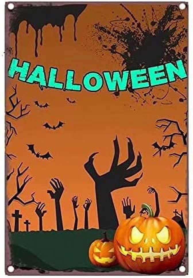 Halloween Metal Tin Sign,Cemetery and Pumpkins,Horror Retro Metal Tin ...