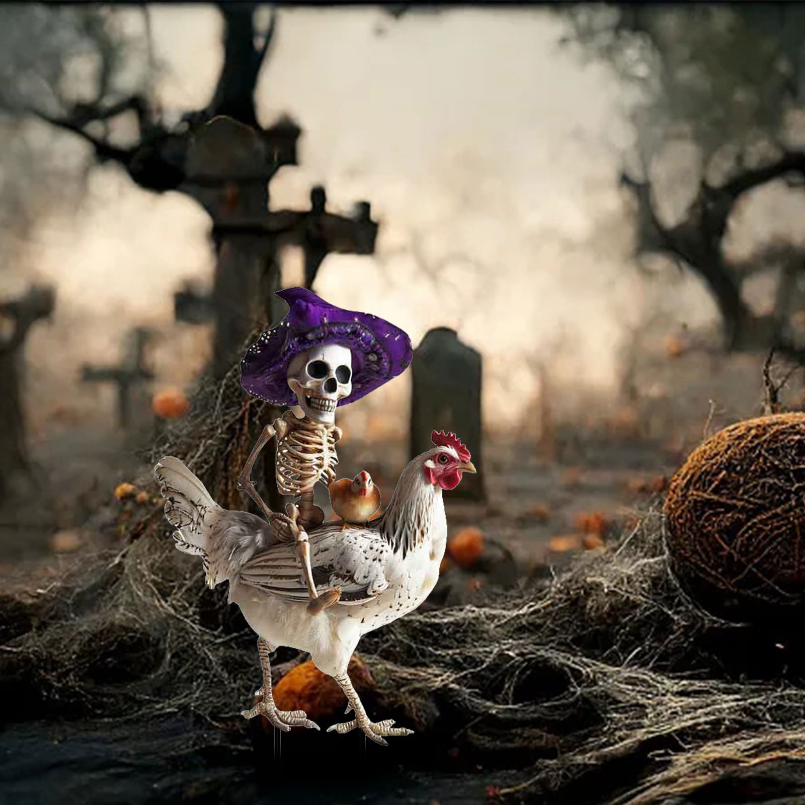Halloween Metal Yard Decoration Skeleton Riding Rooster Metal Yard Sign ...